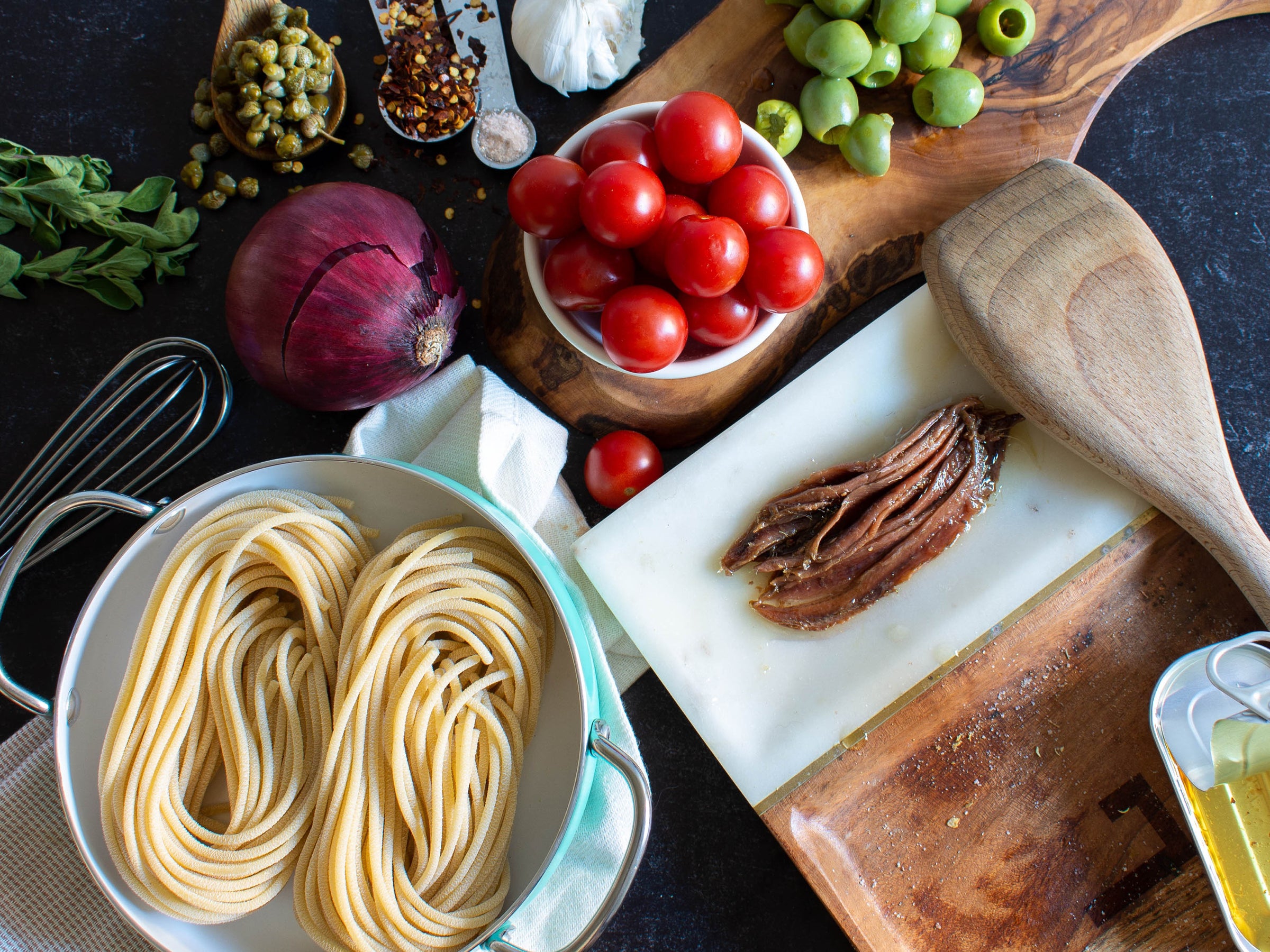 Spaghetti "alla Puttanesca" with Capers, Olives, Anchovies & Garlic ...